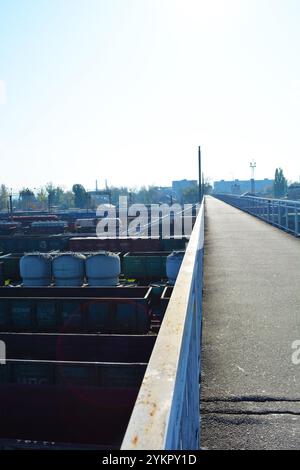 Pedestrian bridge located along the railway track, railway junction ...