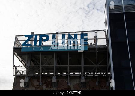 Zipline Launch sign in Niagara Falls, Ontario, Canada Stock Photo - Alamy