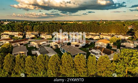 Aerial view captures a Mobile, Prefab, Manufactured Home neighborhood ...
