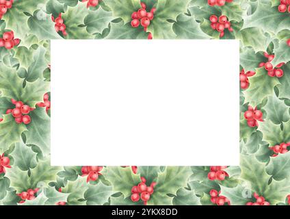 Winter watercolor rectangular frame with berries, fir cones, fir ...