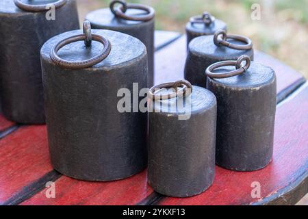 Old-fashioned iron weights on an old scale Stock Photo - Alamy