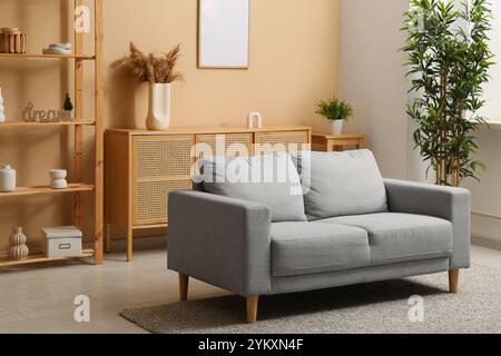 Comfortable grey sofa and houseplant in interior of living room ...