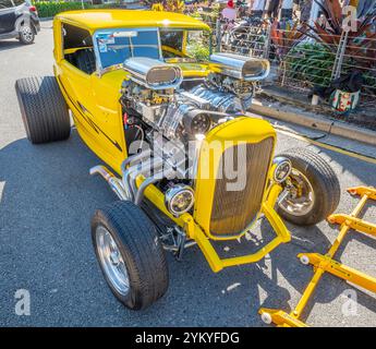 Yellow twin supercharged v8 Ford Coupe hot rod at the Cooly Rocks On ...