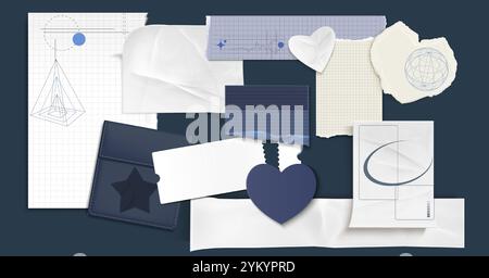 Torn paper sheets with geometric sketches scattered on navy background ...