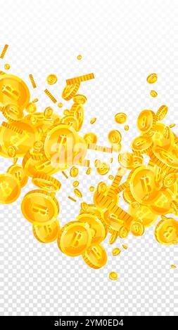 Bitcoin coins falling. Cryptocurrency scattered gold BTC coins ...