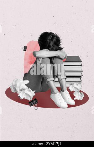 Creative photo collage young depressed sad man anxiety mental pressure ...