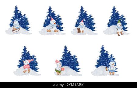 Snowman sliding down a hill with trees on the side Stock Photo - Alamy