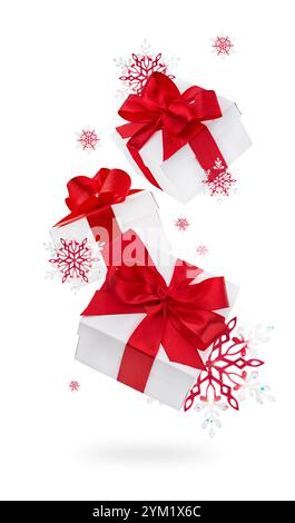 Gift boxes with red satin ribbon isolated on white background ...