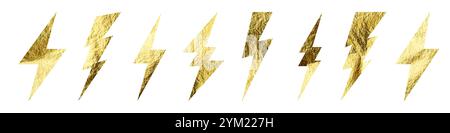 Golden lightning bolt icons collection. Gold foil texture. Flash symbol ...