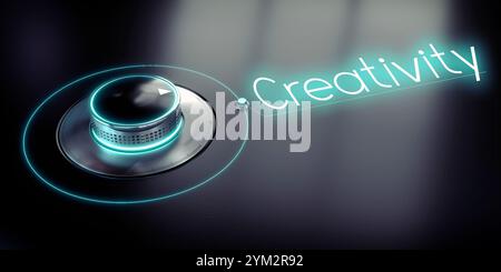 Innovation, creativity - rotary knob and glowing words - 3D ...