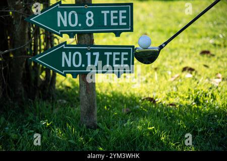 A closeup of signs on a golf course on grass Stock Photo - Alamy