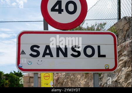 Sansol, Spain- May 25, 2024: A road sign for the village of Sansol in ...