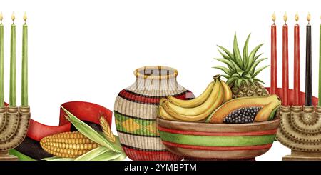 Kwanzaa seamless border of Kinara with African drum and fruit plate ...