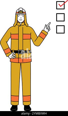 Firefighter in fire uniform pointing at a whiteboard with an indicator ...