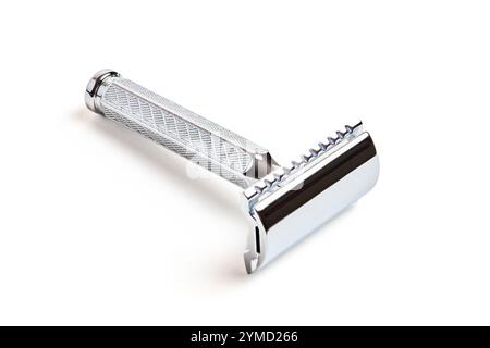 Chrome-plated safety razor and shaving brush isolated on light gray ...