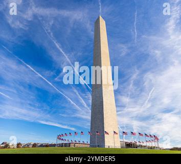 A view of memorial park surrounded by American flags on flag poles ...