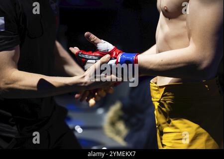 MMA glove on the fighter's hand during the referee's inspection before ...