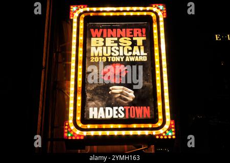 The sign for the Broadway musical, “Hadestown,” is seen on a theater in ...