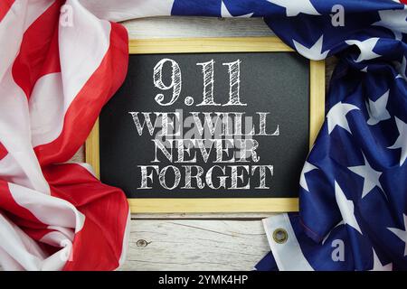 911 Patriot Day message with American flag on wooden background Stock ...