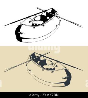 Inflatable kayak boat for two rowers with paddles isometric blueprints ...
