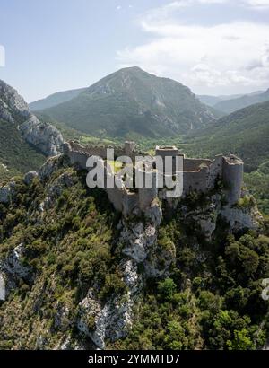 Aerial view of the Château de Puilaurens, Cathar castle registered as a ...