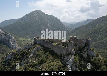 Aerial view of the Château de Puilaurens, Cathar castle registered as a ...
