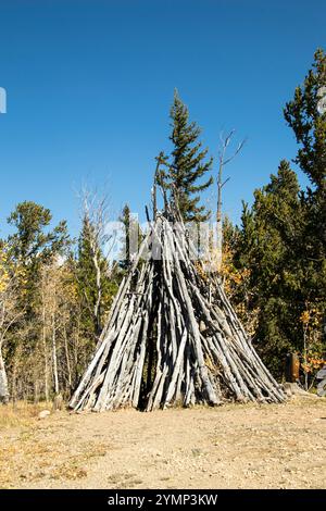 Logs stacked like teepee built with fallen branches Stock Photo - Alamy