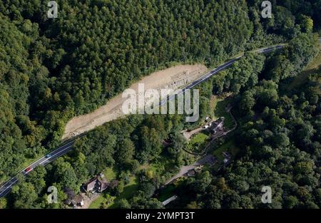 Aerial view of limestone cutting for road construction between Buildwas ...