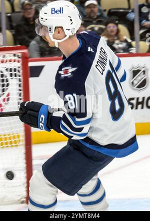 Winnipeg Jets' Kyle Connor (81) celebrates his third goal of the period ...