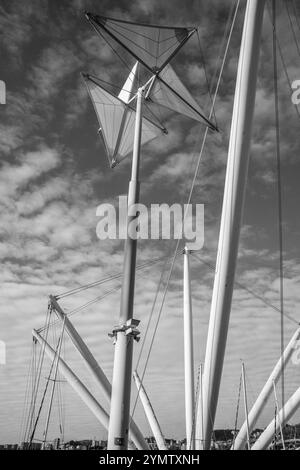 Decorative poles moving with the wind at the old port of Genoa, Italy ...