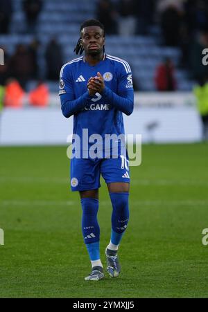 Stephy Mavididi of Leicester City applauds his teams supporters ...