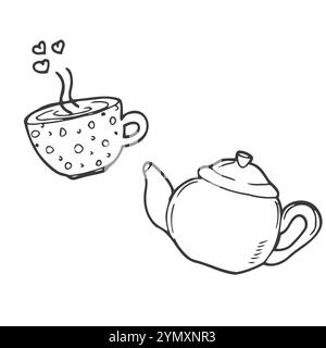 Teapot pouring tea into a tea cup line art illustration Stock Vector ...