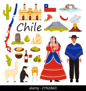 Travel to Chile set. Chilean man and woman in traditional clothes, hat ...