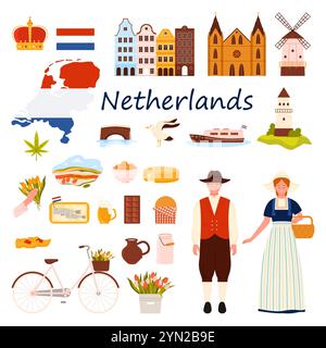 Holland culture elements, landmarks and food on Netherlands infographic ...