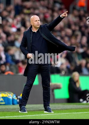 Liverpool manager Arne Slot gestures on the touchline during the ...