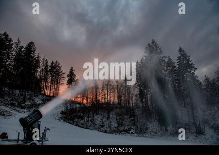 Snow cannon in operation in the Lombardy Alps Stock Photo - Alamy