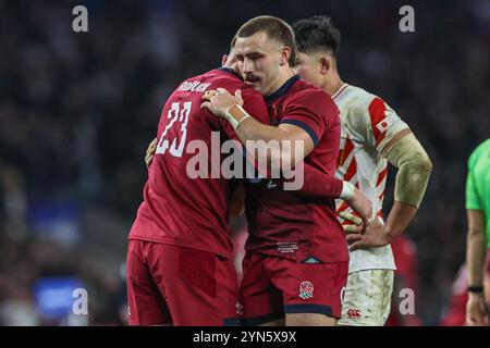 Tom Roebuck of England celebrates his try during the Quilter Nations ...