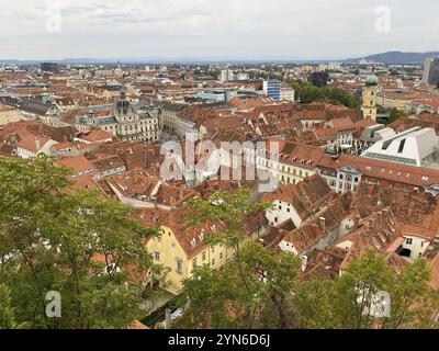 Scenic panoramic view of downtown Graz, seen from the Schlossberg ...
