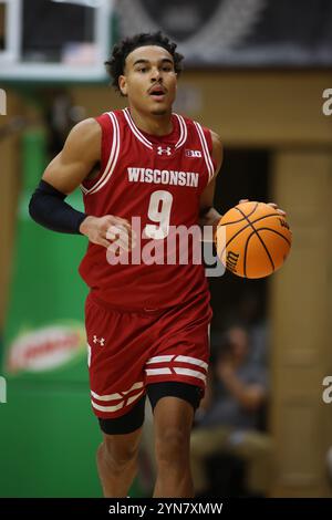 Wisconsin guard John Tonje (9) handles the ball against Illinois guard ...