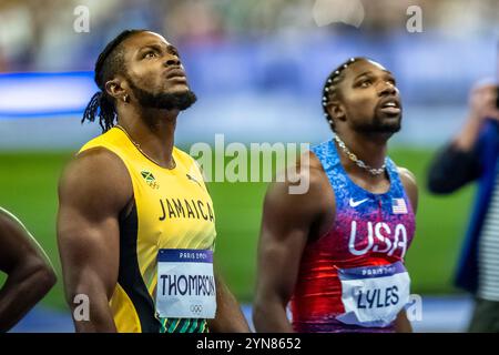 (L to R) Noah LYLES (USA), Kishane THOMPSON (JAM), Oblique SEVILLE (JAM ...