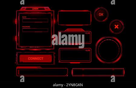Futuristic red interface elements - login form with name, password fields and connect button ...