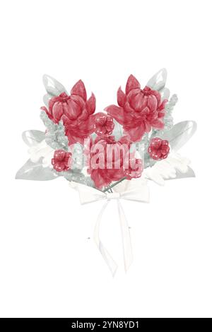 Bouquet of white Lotus flowers with green leaves. Hand drawn botanical ...