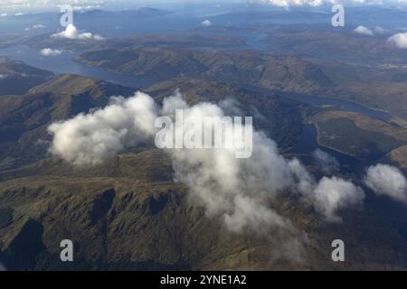 Aerial view, lochs, mountains and clouds, Highlands, Scotland, Great ...