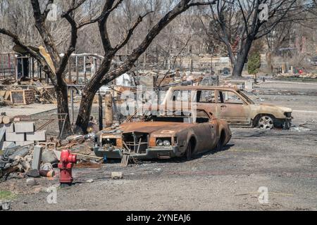 Aftermath of wildfire damage in residential neighborhood with complete ...