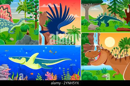 Prehistoric reptile and dinosaur characters collage showcases cartoon ...