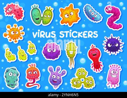 Stickers of funny bacteria, virus and germ characters with happy faces ...