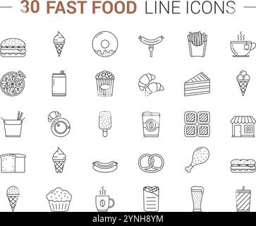 30 Fast food line icons on dark background, vector eps10 illustration ...