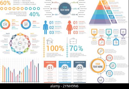 Infographic elements - percents, pie charts, circle diagram, bar graph ...