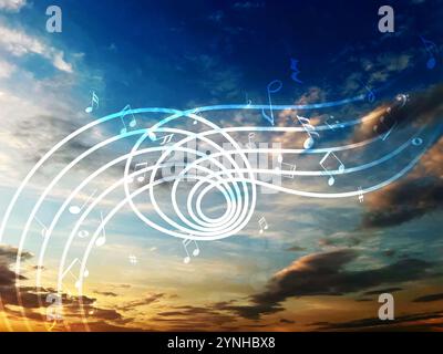Musical symbols in beautiful sunset sky with clouds Stock Photo - Alamy