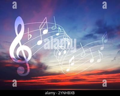 Musical symbols in beautiful sunset sky with clouds, banner design ...